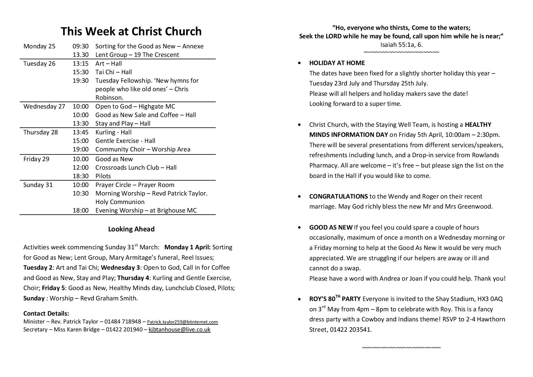 Weekly Notices - 24 March 2019 - Christ Church