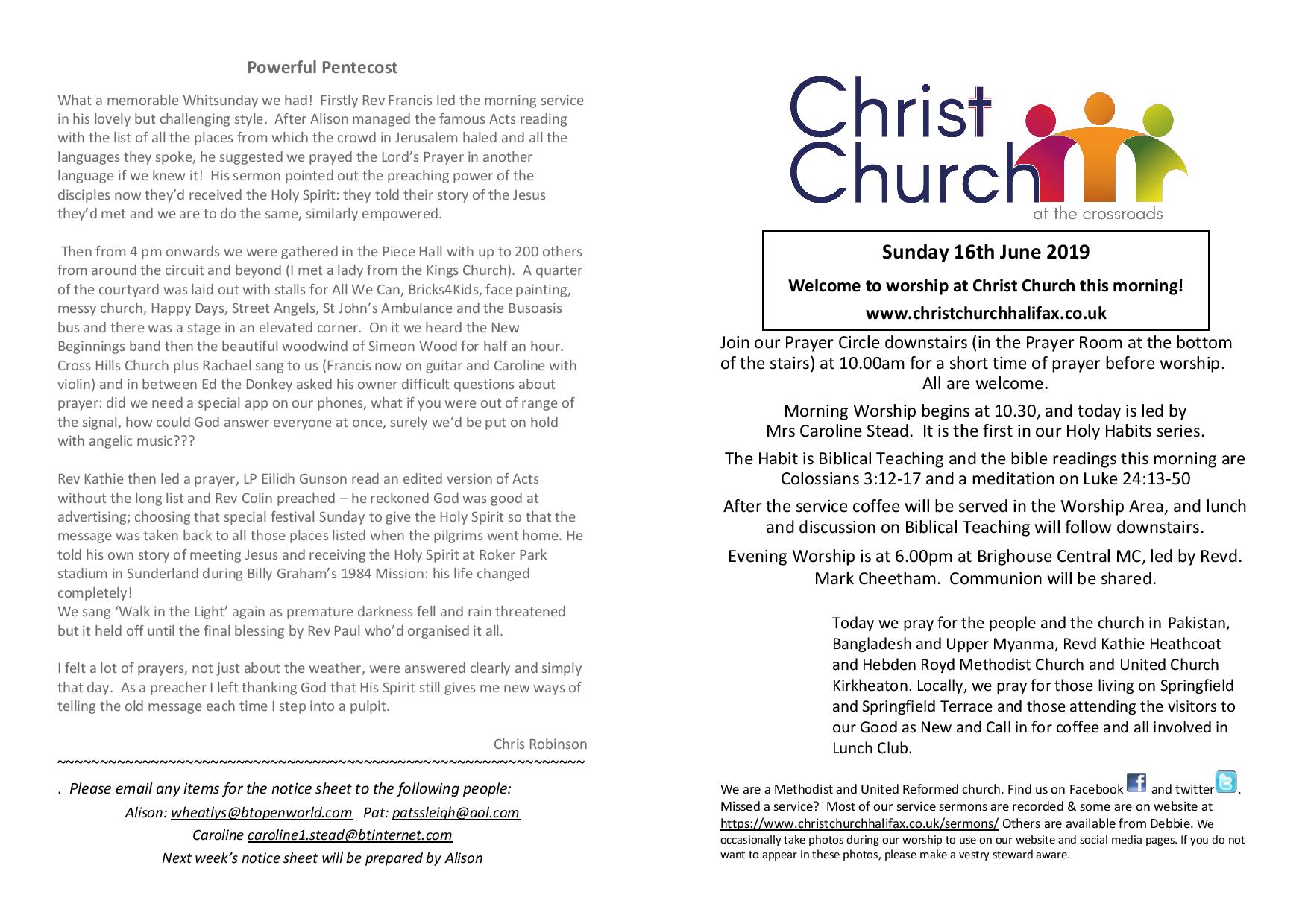 Weekly Notices - 16th June 2019 - Christ Church