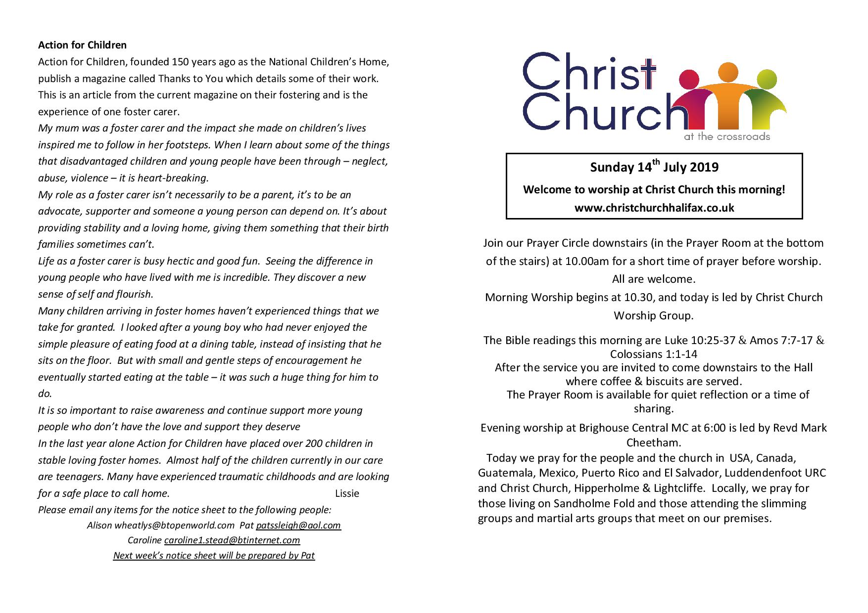 Weekly Notices - 14th July 2019 - Christ Church