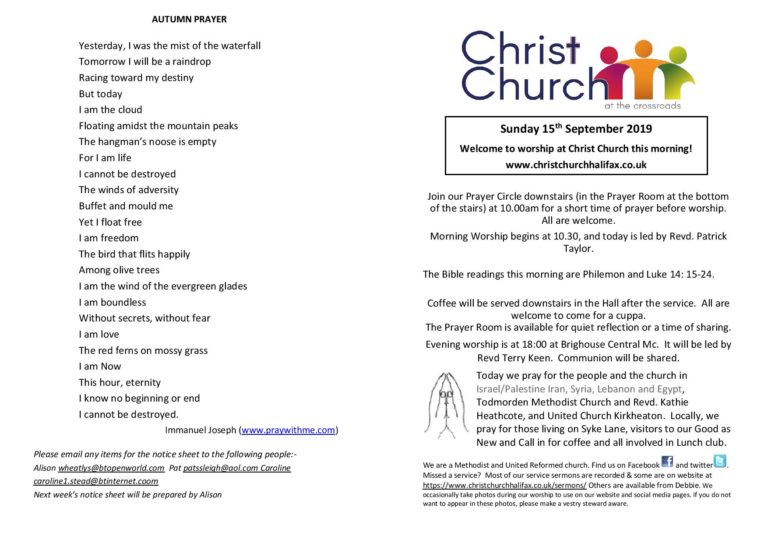 Weekly Notices - 15th September 2019 - Christ Church