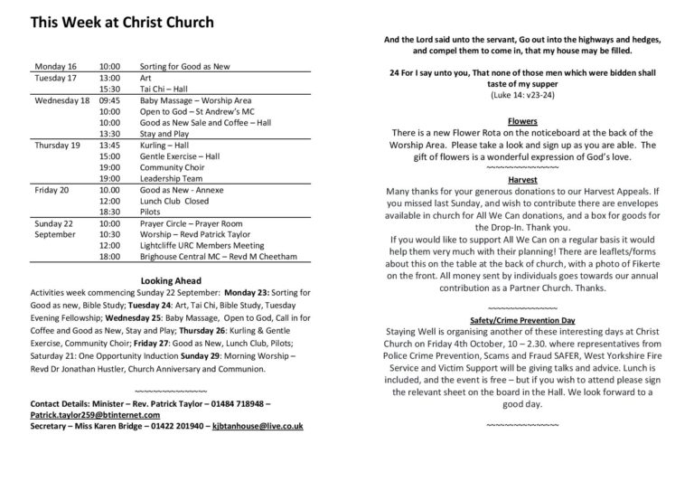 Weekly Notices - 15th September 2019 - Christ Church