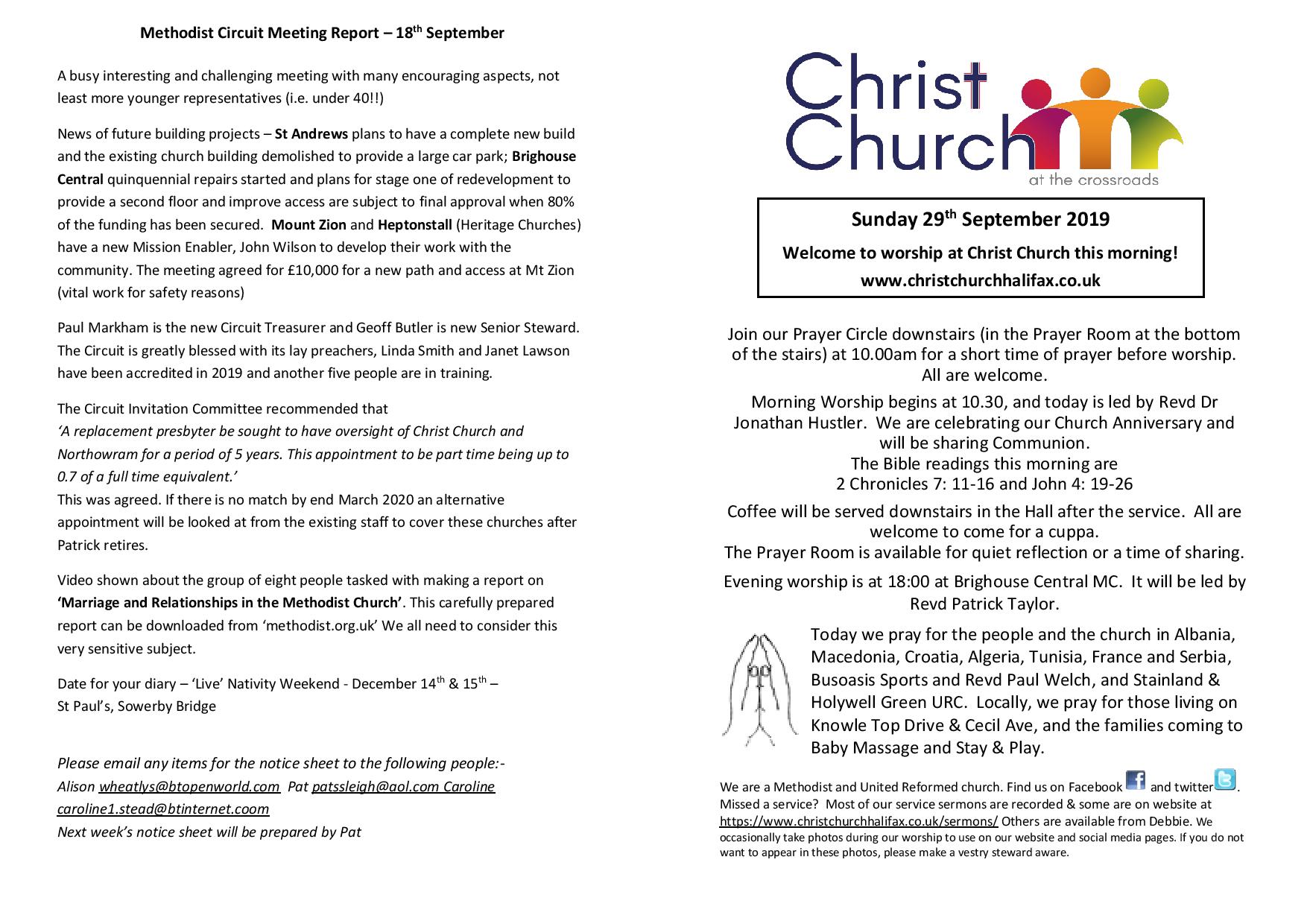 Weekly Notices - 29th September 2019 - Christ Church