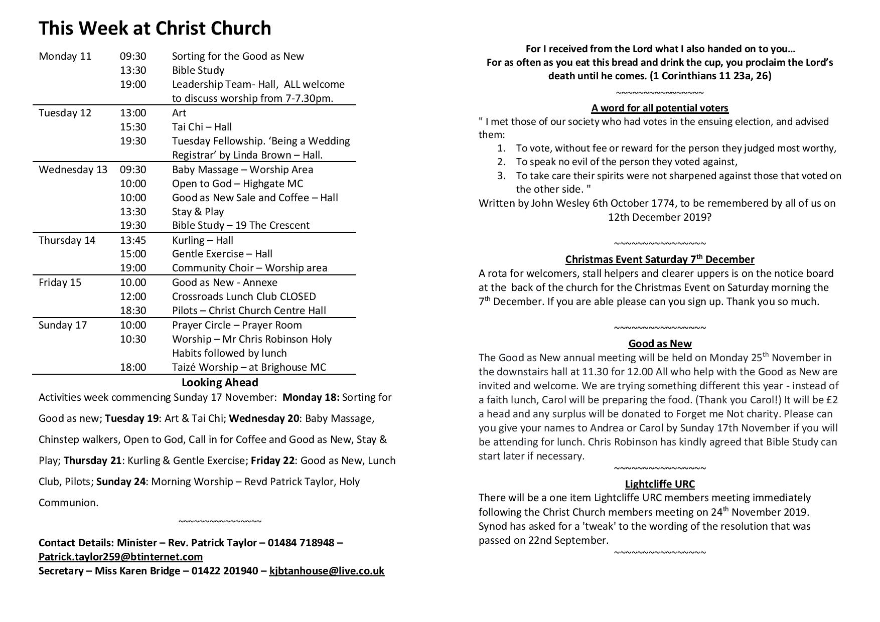 Weekly Notices - 10th November 2019 - Christ Church