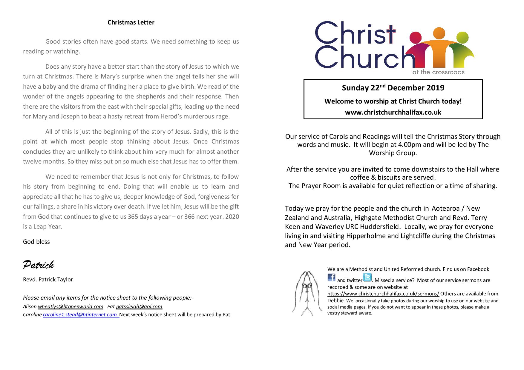 Weekly Notices - 22nd & 29th December 2019 - Christ Church