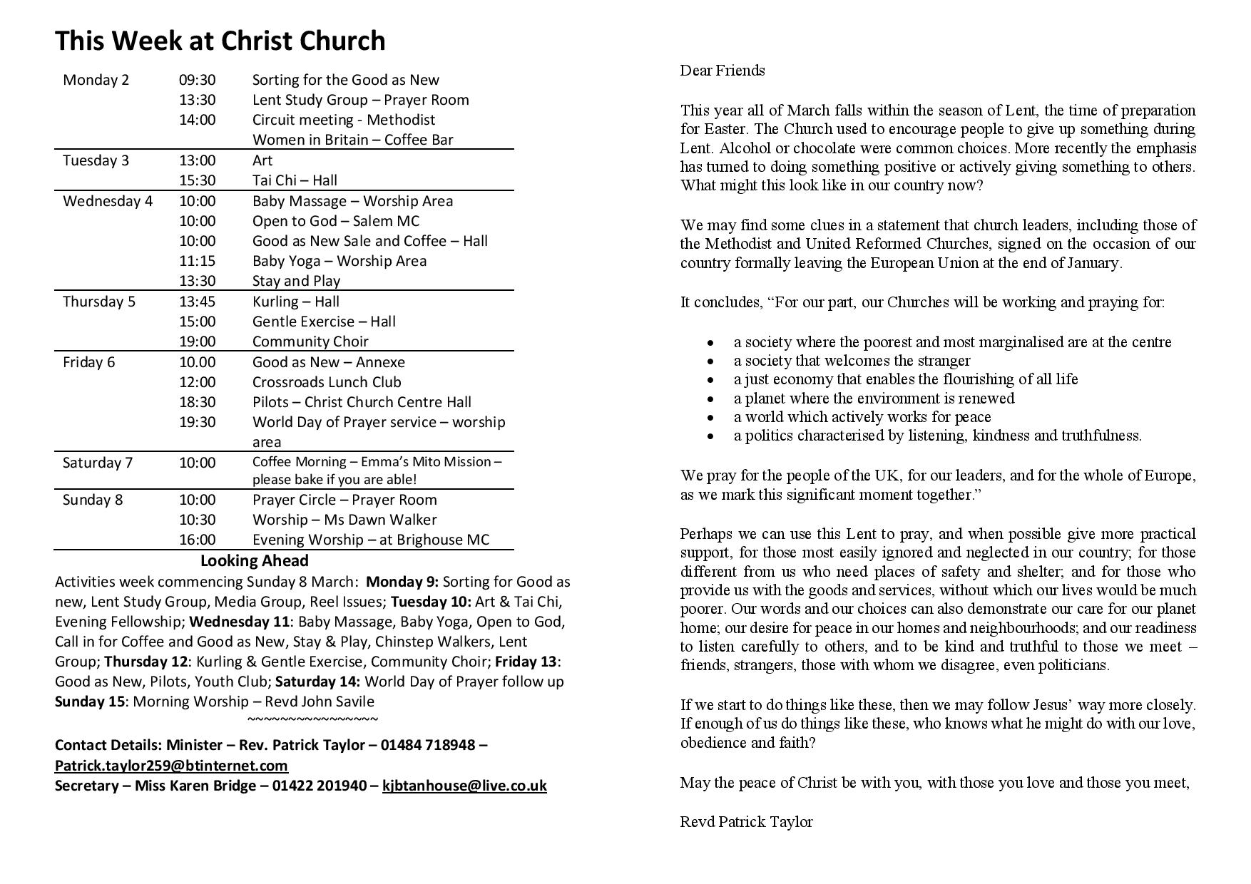 Weekly Notices - 1st March 2020 - Christ Church